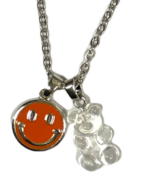 Klar/gjennomsiktig bamse og smiley. Sølvfarget kombo. - Collection By Lene